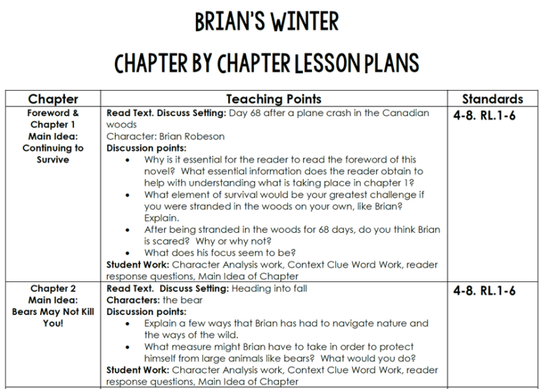 Brian's Winter Novel Study Activities