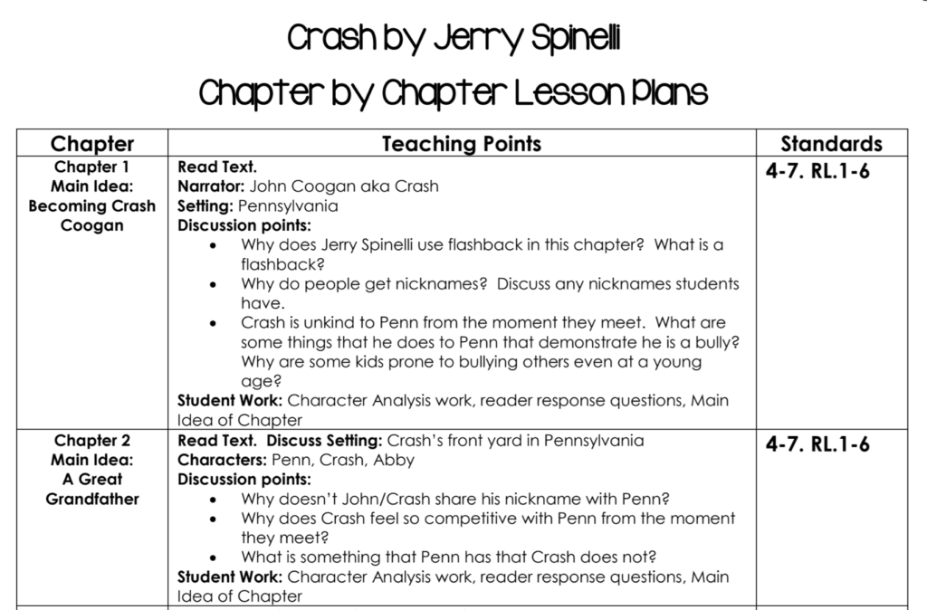 Crash Novel Study Ideas for Teachers